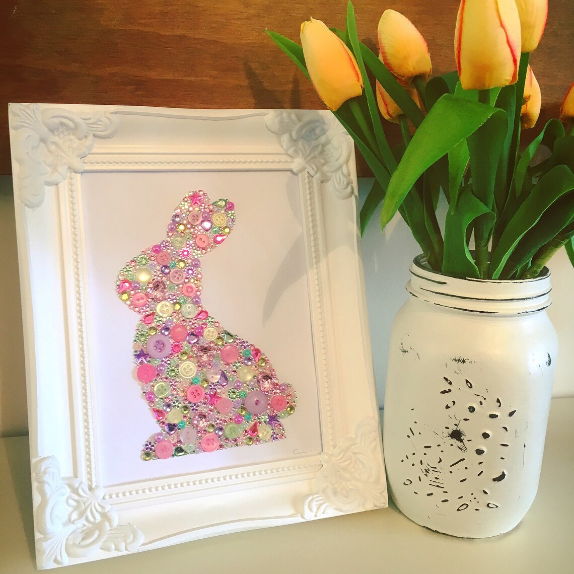 Bunny Rabbit Framed Picture Swarovski Crystal Button - Etsy