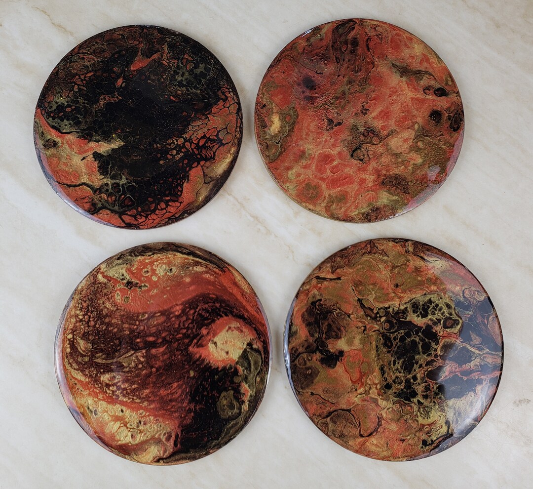 Acrylic Pour, Fluid Art, Coasters, Resin Sealed, Cork Backing, Set of 4 ...
