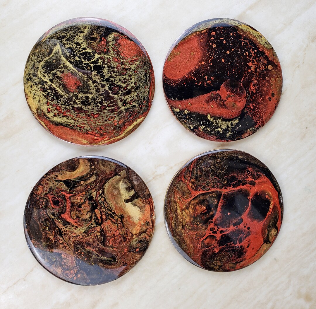 Acrylic Pour, Fluid Art, Coasters, Resin Sealed, Cork Backing, Set of 4 ...
