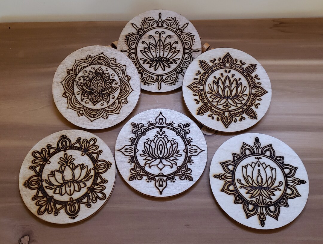 Wooden Coasters, Laser Engraved, Set of Six Individual Designs, Lotus ...