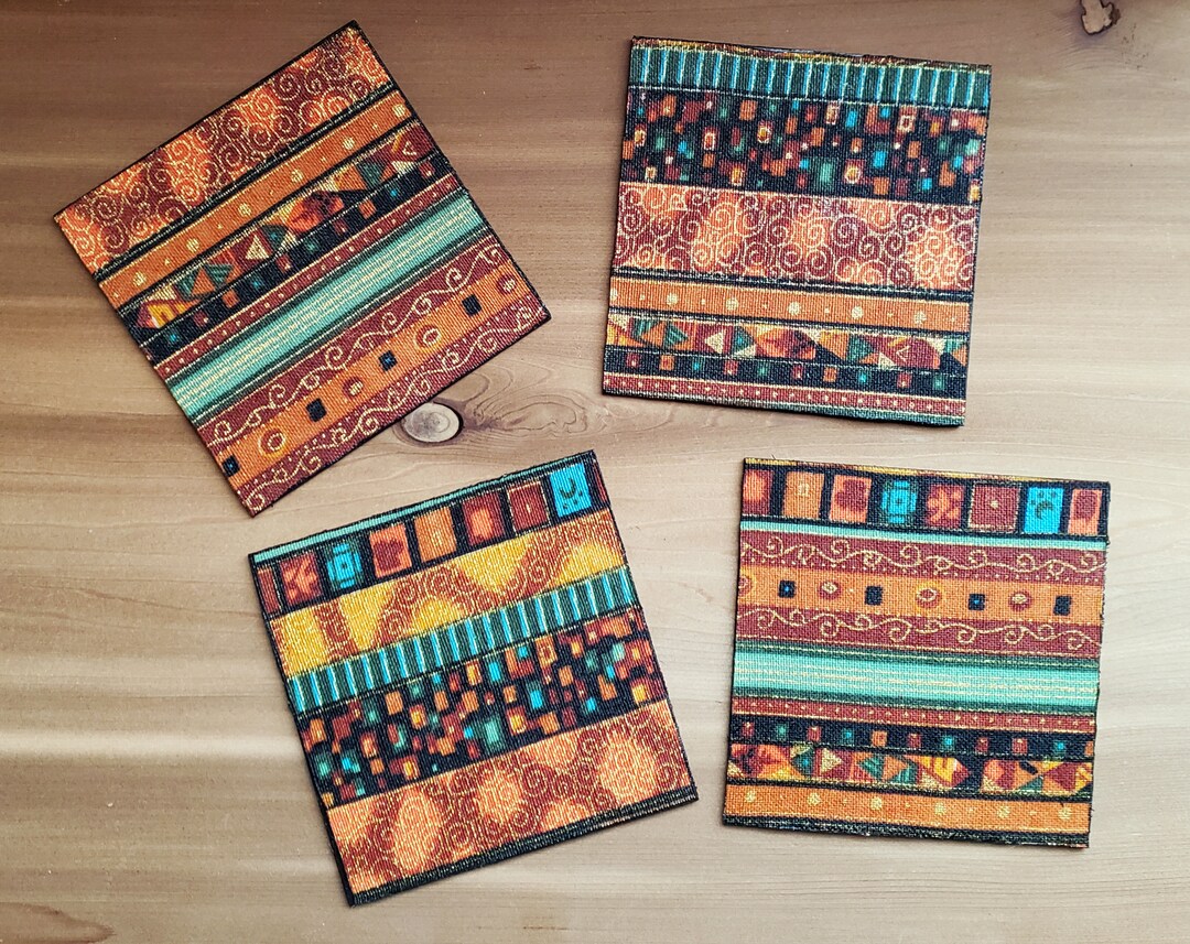 Wooden Coasters Fabric Covered, Set of Four Individual Designs, Ethnic ...