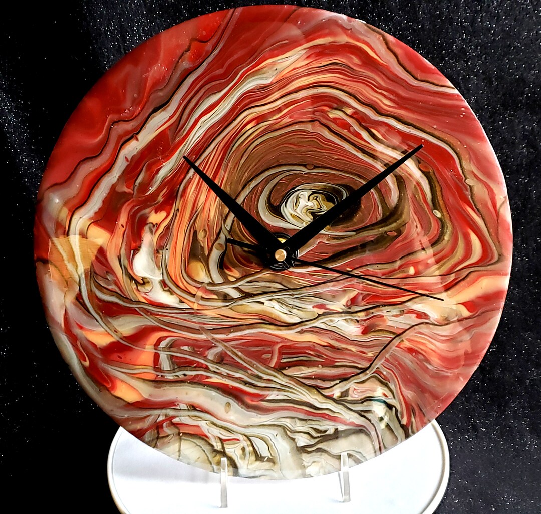 Fluid Acrylic Pour Abstract Painting, Wall Clock, Round 10" Wood Base ...
