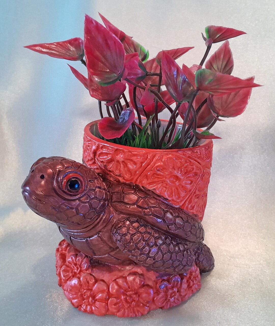 Handmade Sea Turtle Planter Pot: Iridescent Resin, Artificial Flowers ...