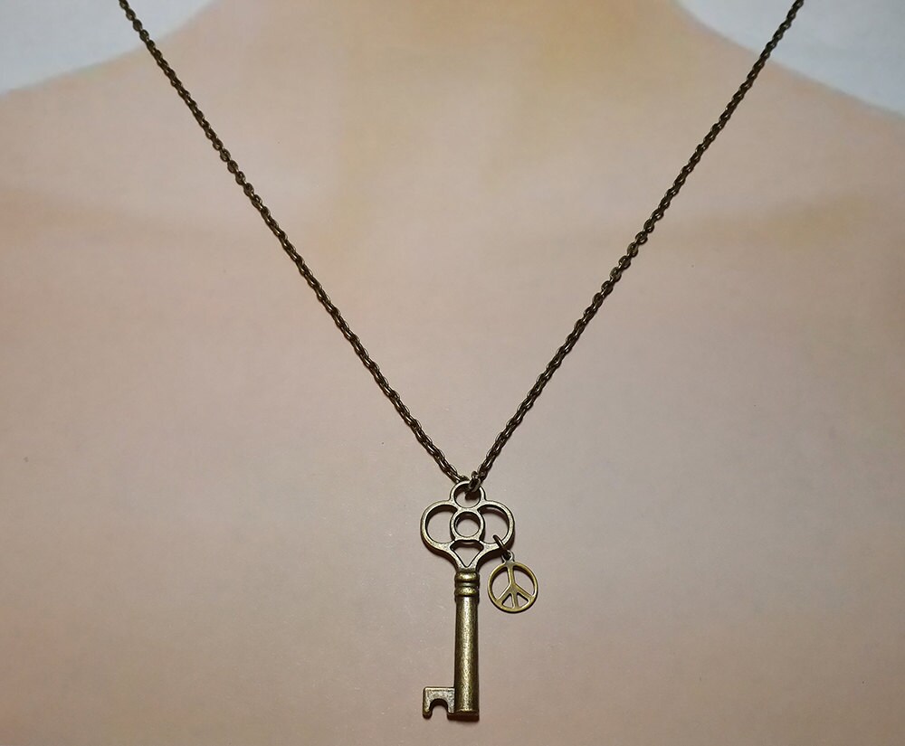 Skeleton Key Peace Symbol Charm Necklace Antiqued Brass 24 | Etsy