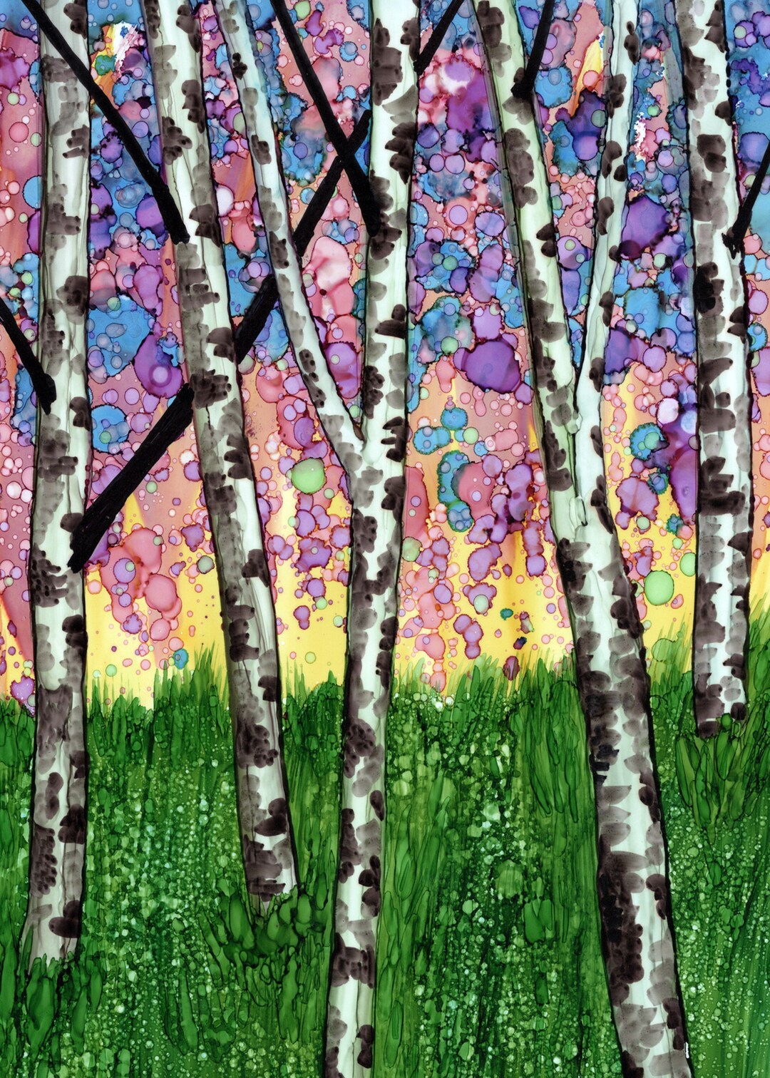 Alcohol Ink Painting, Tree, Leaves, Birch, Abstract, Colorful, Original ...