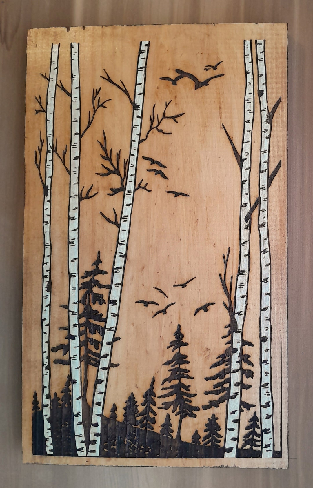 Woodburning Art: Birch & Pine Forest Scene, Pyrography Wall Decor - Etsy