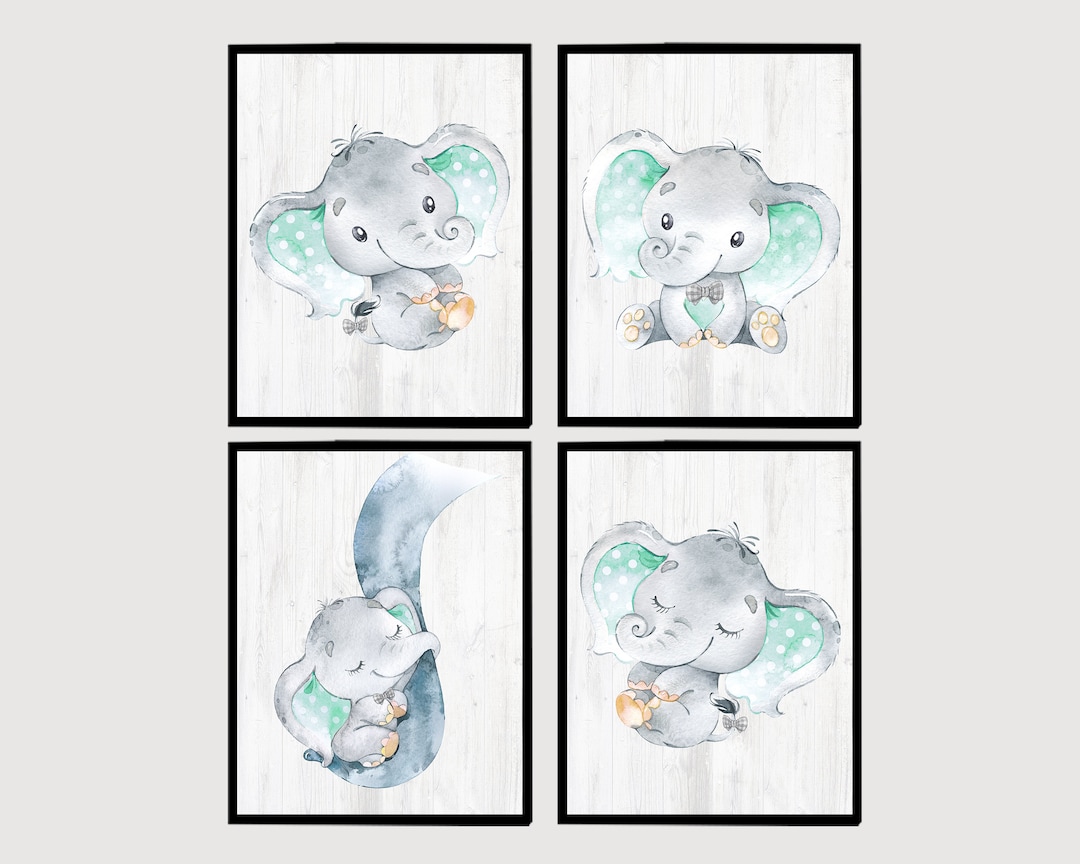 Mint Gray Baby Elephant Wall Print Neutral Gender Nursery Art Boy Room ...