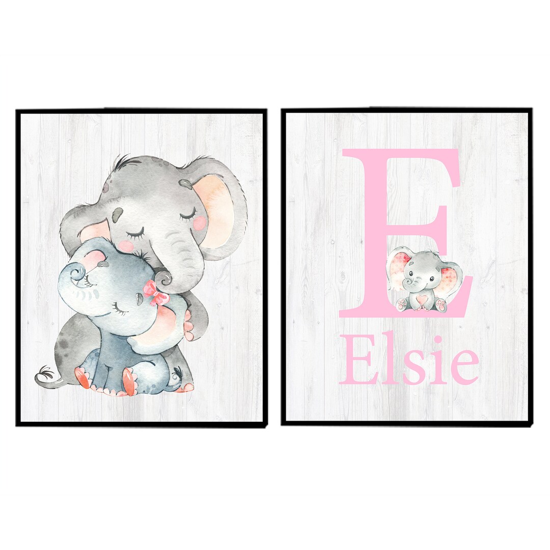 Elephant Girl Nursery Wall Art Printable Custom Baby Name Initial ...