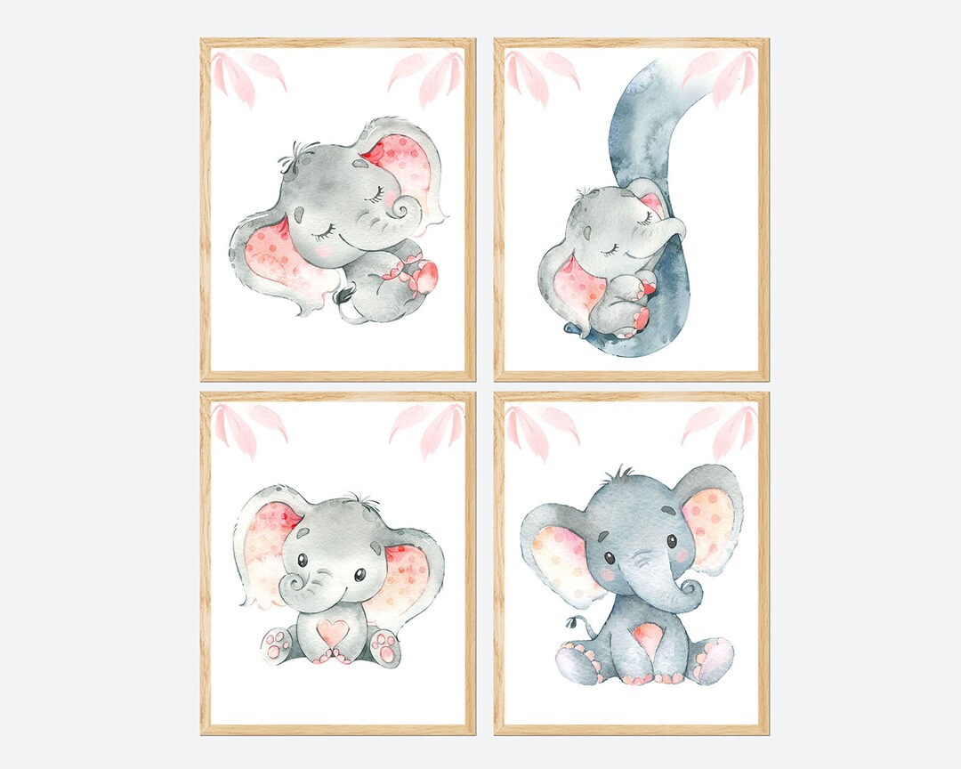 Pink Gray Girl Elephant Art Print Baby Nursery Wall Decor Kids Room ...