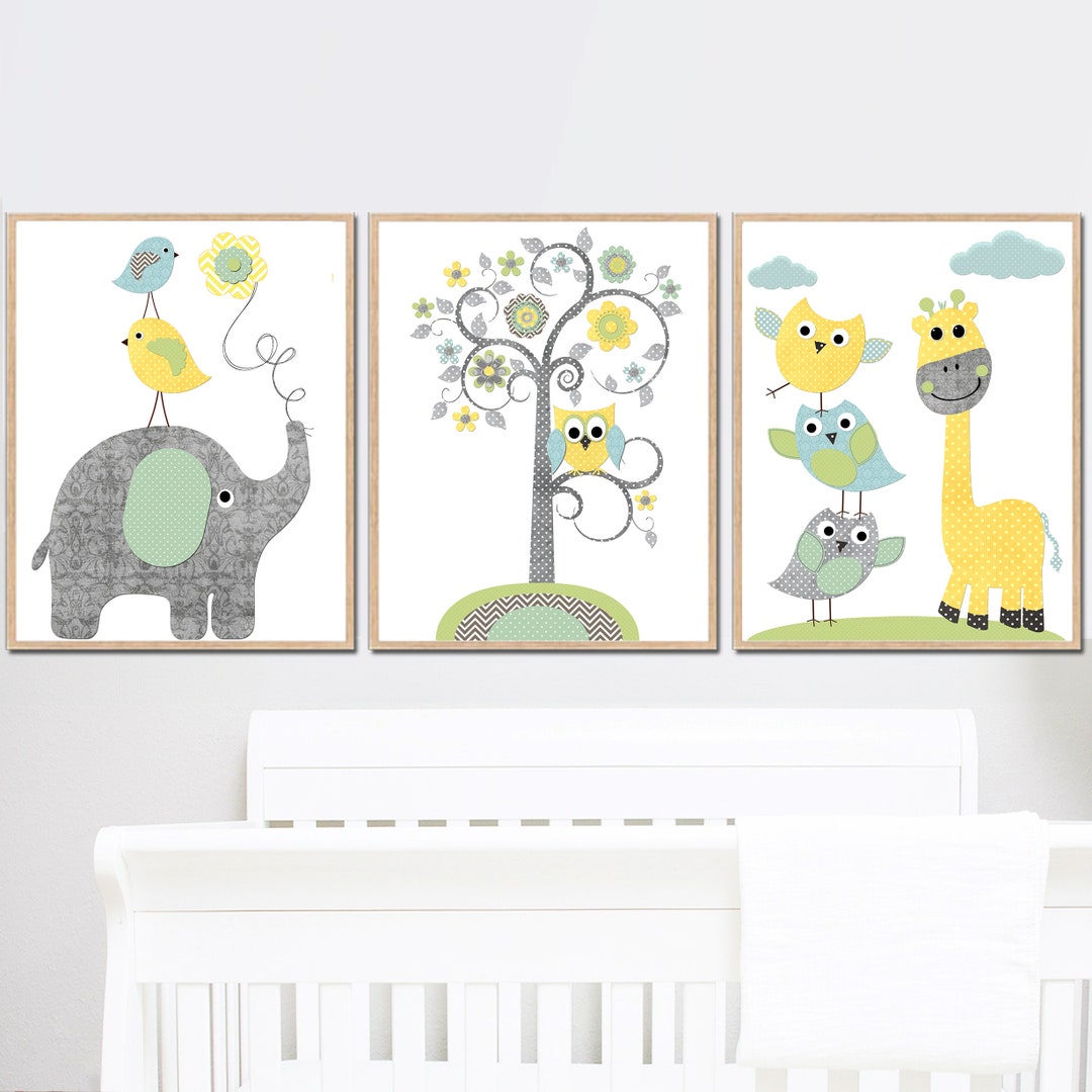 Neutral Nursery Print Baby Girl Boy Bedroom Wall Art Kids Elephant ...