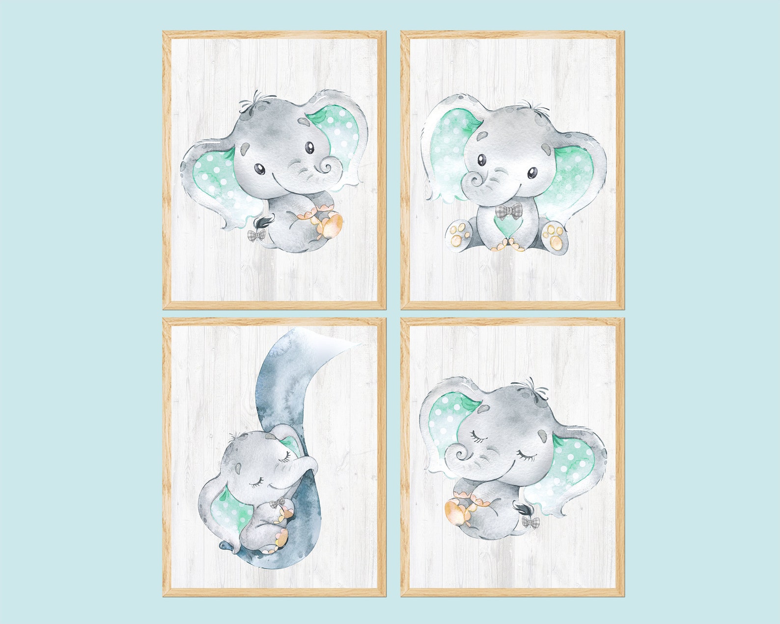 Mint Gray Baby Elephant Wall Print Neutral Gender Nursery Art Boy Room ...