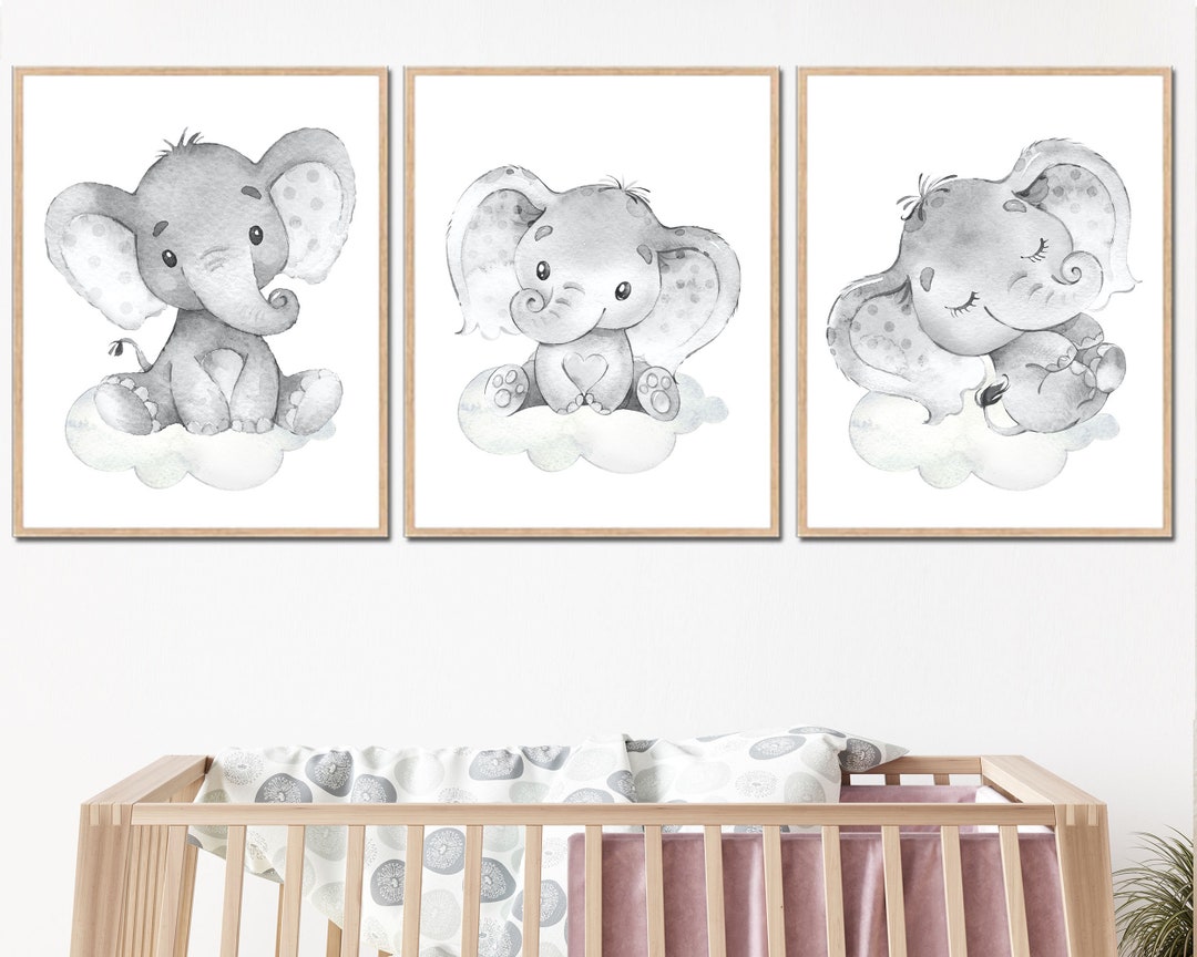 Elephant Wall Decoration Baby Boy Nursery Art Prints Set of 3 Kids Room ...