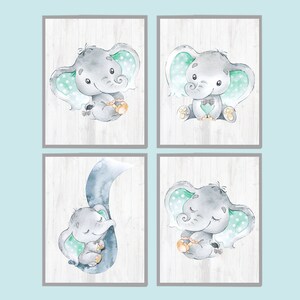Mint Gray Baby Elephant Wall Print Neutral Gender Nursery Art Boy Room ...