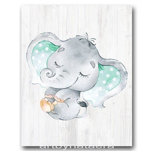 Mint Gray Baby Elephant Wall Print Neutral Gender Nursery Art Boy Room ...