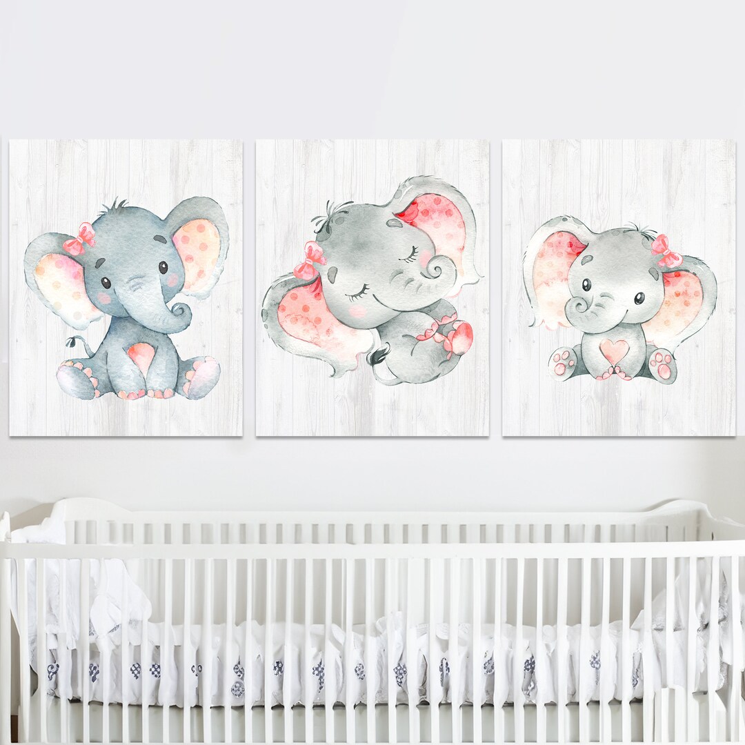 Pink Gray Elephant Posters Baby Girl Nursery Art Decor Elephant Wall ...