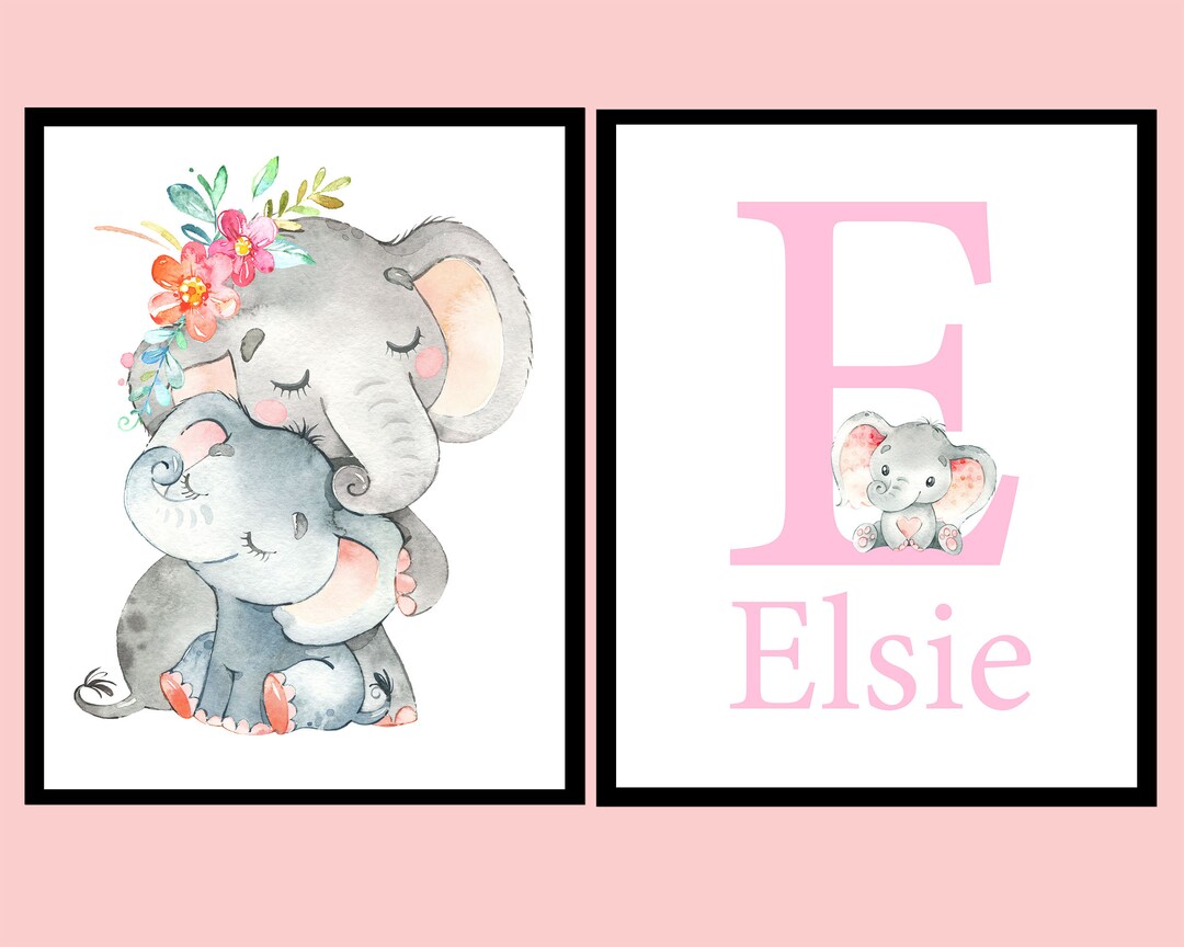 Elephant Kids Room Decoration Baby Girl Name Nursery Wall Art Prints ...