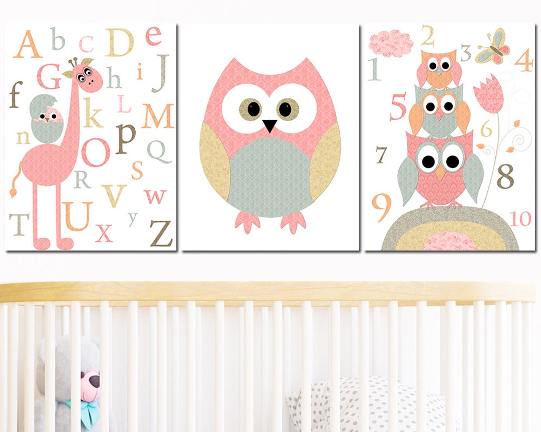 Kids Wall Art Printable Owl Nursery Alphabet Decoration Baby Girl ...