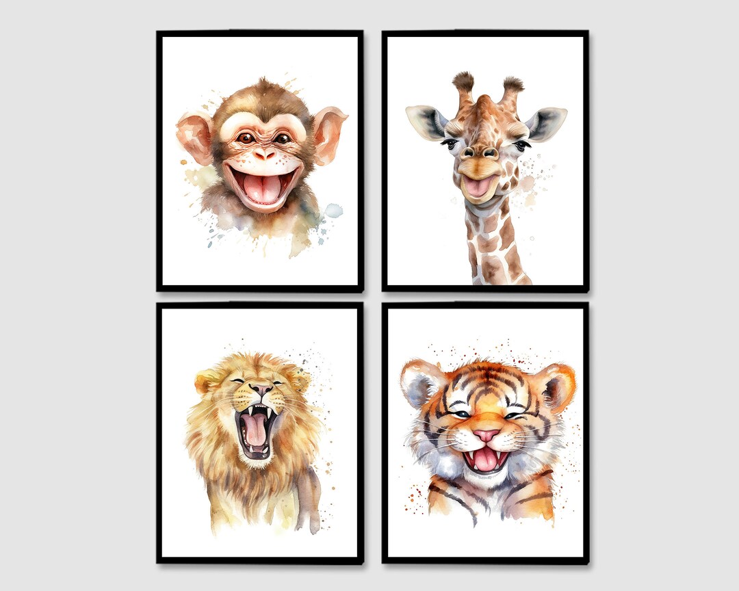 Smiling Safari Animals Funny Happy Art Print Baby Nursery Room Wall ...
