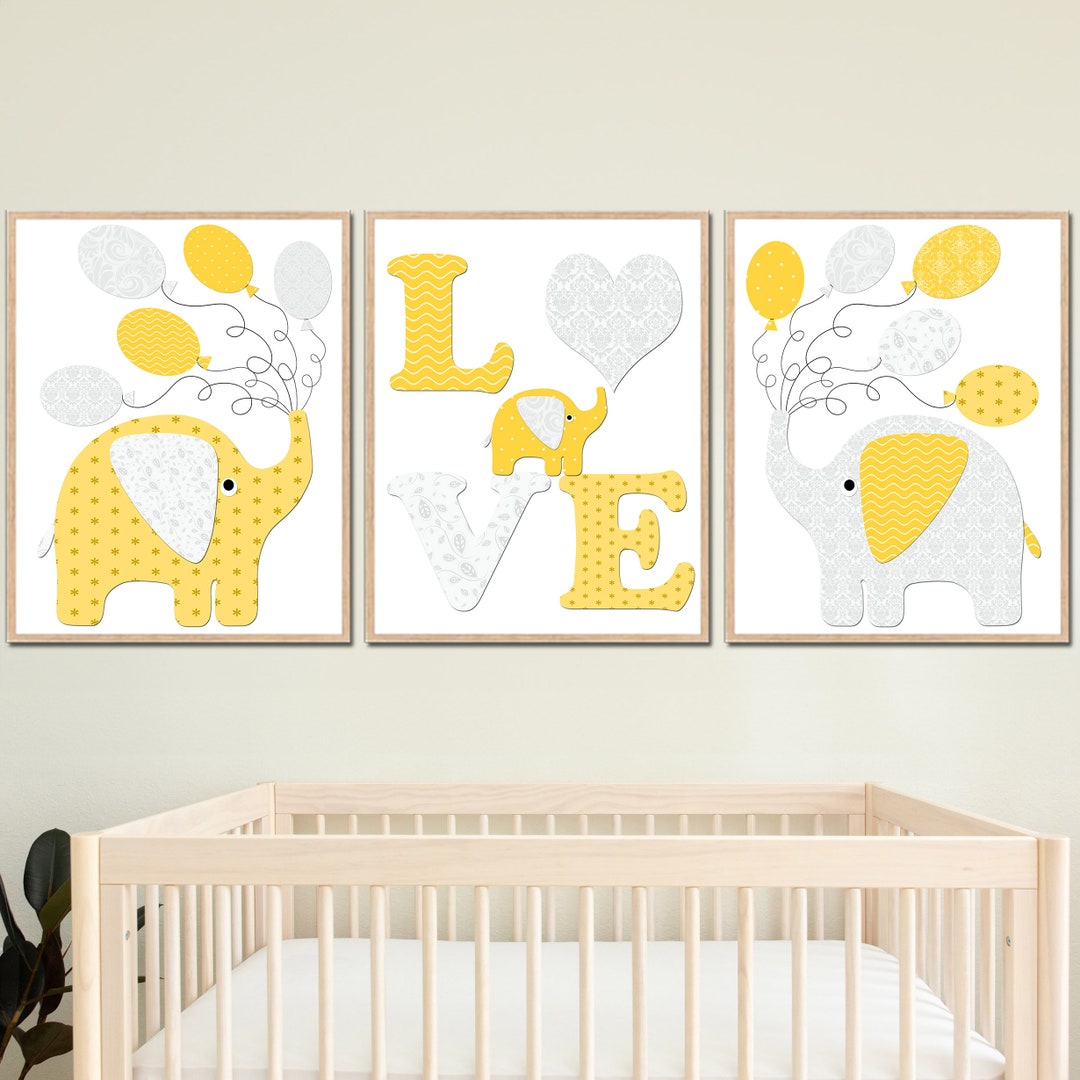 Yellow Gray Elephant Wall Decor Baby Girl Nursery Wall Art Prints Boy ...