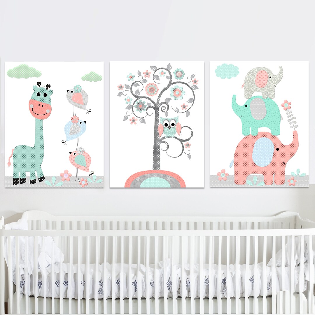 Baby Girl Wall Decor Giraffe Nursery Art Print Kids Bedroom Elephant ...