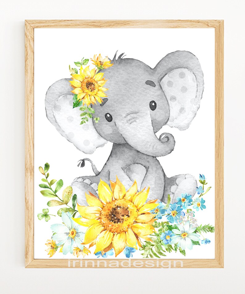 Sunflower Kids Bedroom Decor Baby Girl Nursery Wall Art Print Elephant ...