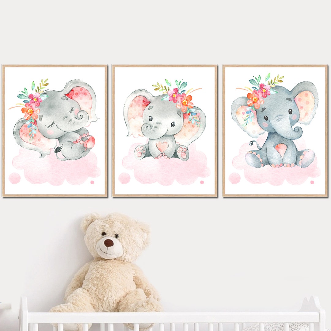 Pink Gray Baby Elephant Wall Decor Girl Nursery Art Kids Print Picture ...