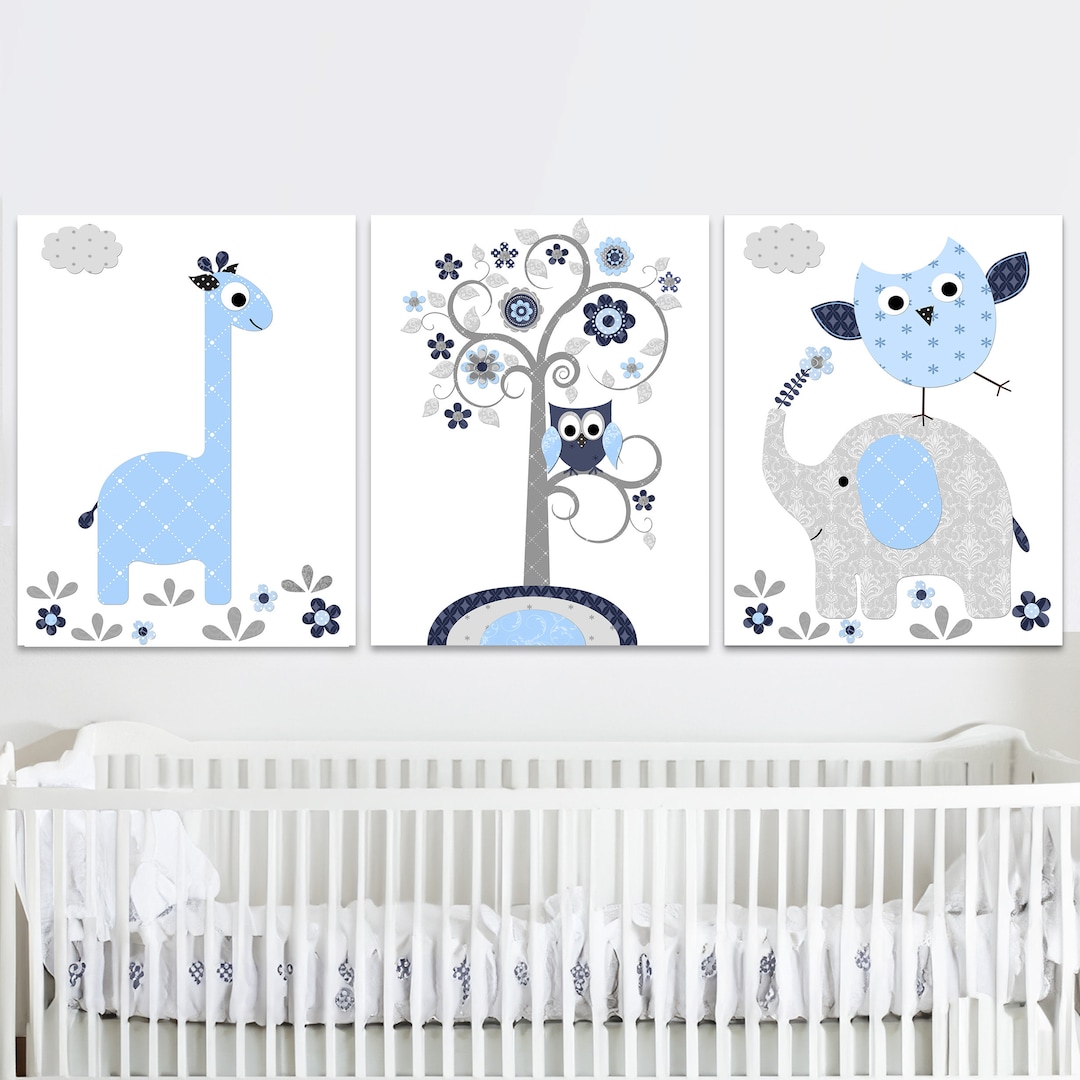 Baby Boy Wall Decor Giraffe Elephant Nursery Art Print Kids Room Child ...