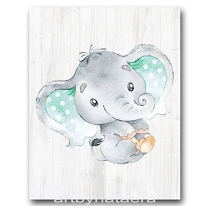 Mint Gray Baby Elephant Wall Print Neutral Gender Nursery Art Boy Room ...