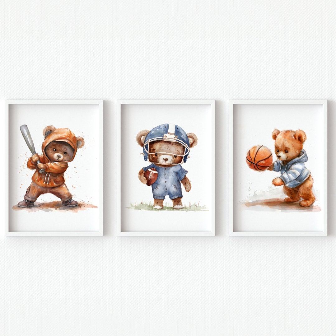 Sport Nursery Teddy Bear Theme Baby Boy Playroom Wall Art Set of 3 ...