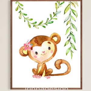 Baby Monkey Girl Nursery Wall Art Decor Custom Name Printable Set of 3 ...