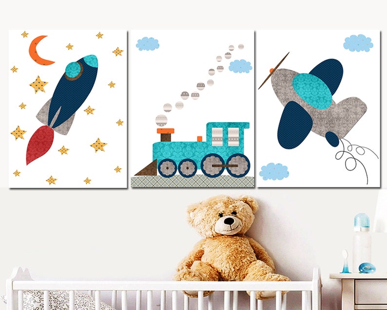 Baby Boy Nursery Wall Art Print Childrens Room Decor Kids Transportation Set of 3 Canvas Navy ...