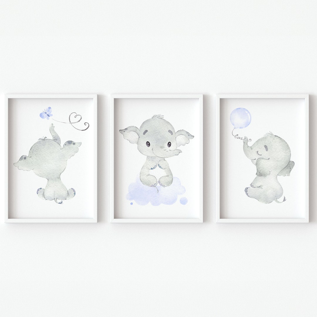 Elephant Wall Decor Baby Boy Nursery Poster Kids Art Print Set of 3 ...