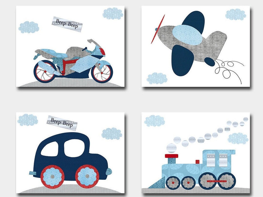 Navy Blue Gray Train Car Plane Baby Boy Nursery Wall Decor Children Art ...