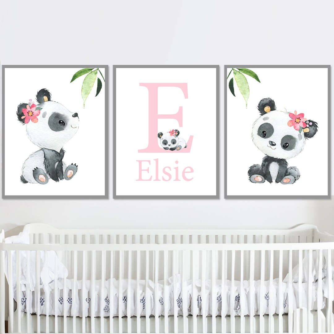 Letter Initial Prints Baby Girl Nursery Decor Panda Wall Art Custom ...
