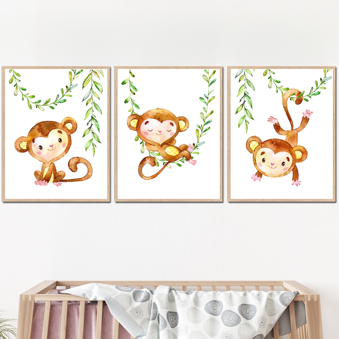 Monkey Baby Nursery Wall Decor Tropical Animals Art Print Set of 3 ...