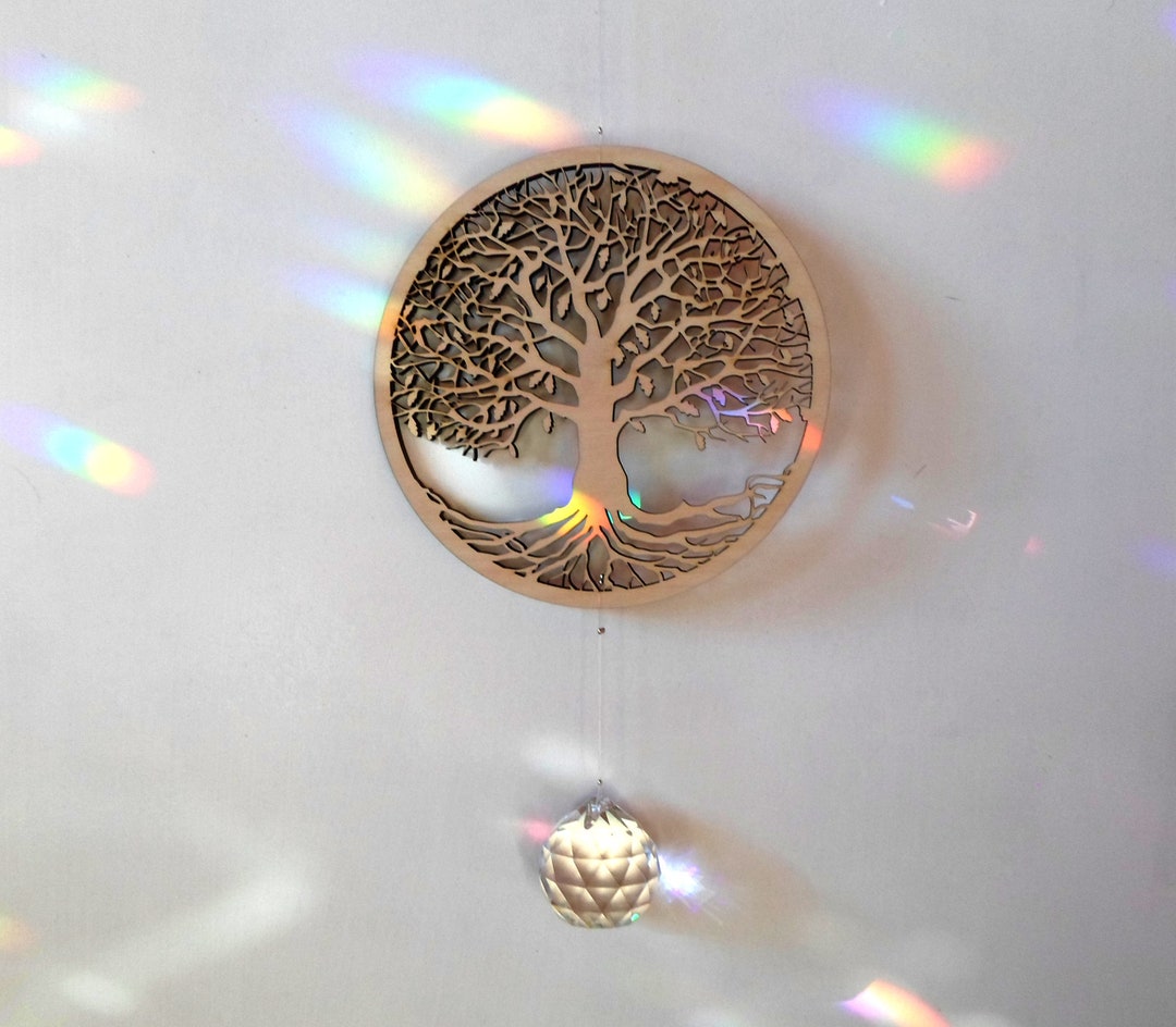 SUNCATCHER Wooden Tree of Life, 40 Mm Glass Faceted Ball, Sun Catcher ...
