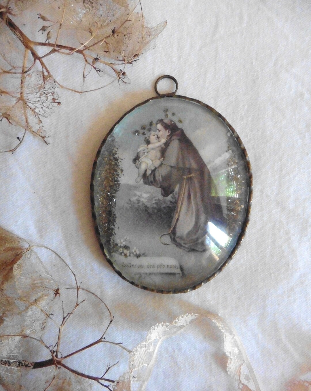 Antique French Oval Medallion Frame Glass Domed Saint Anthony of Padua ...