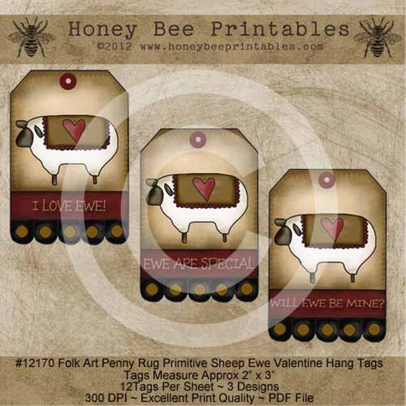 Printable Folk Art Primitive Valentine Sheep Ewe Hang Gift | Etsy
