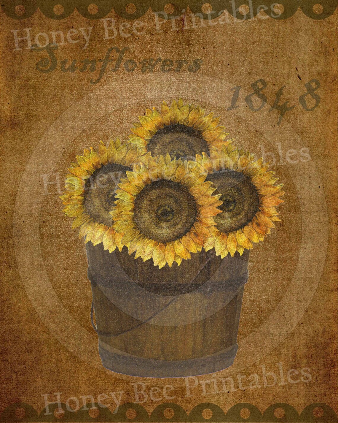 Primitive Sunflower Fall Autumn Bucket 8x10 Instant Art Card Making ...
