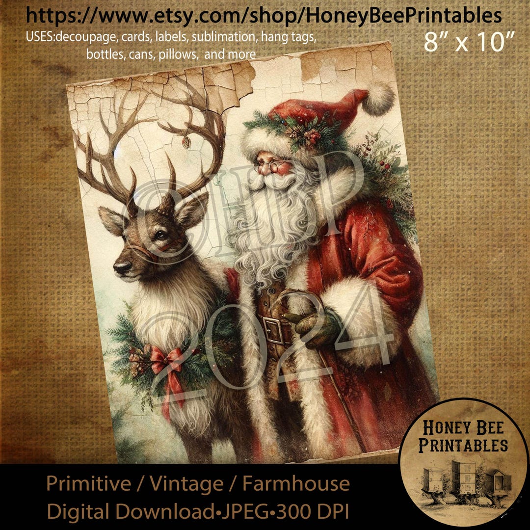 Vintage Santa & Reindeer Printable: Farmhouse Christmas Decor (digital ...