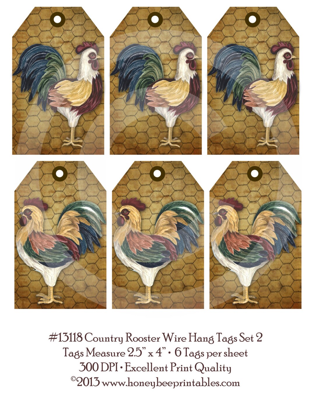 Country Rooster Chicken Wire Set 2 Hang Tags 13118 -printable Digital ...