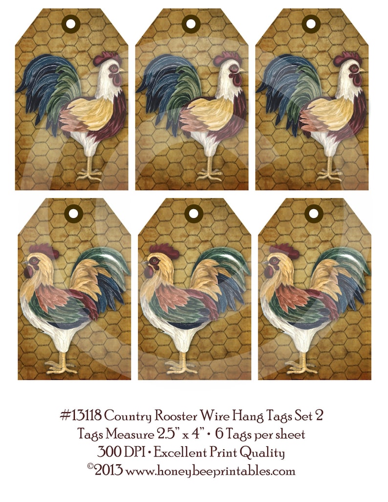 Country Rooster Chicken Wire Set 2 Hang Tags 13118 printable Digital ...