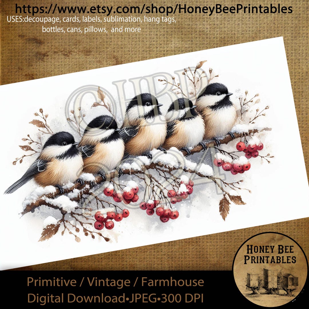 Digital Download, Printable, Decoupage, Primitive, Craft Supplies, Black-capped Chickadee ...
