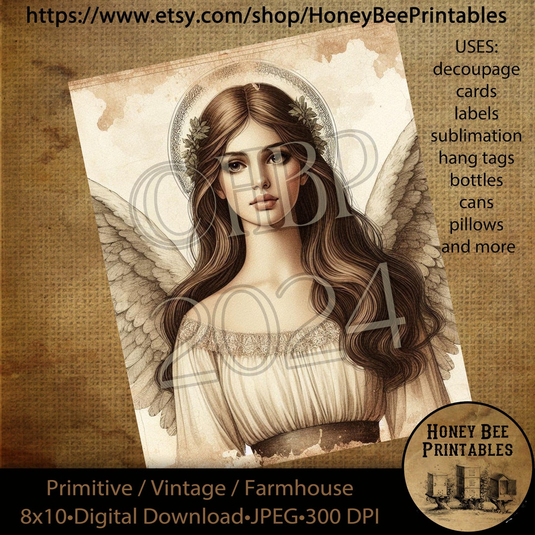 Vintage Primitive Instant Download Printable 8x10 Decoupage, Angel ...