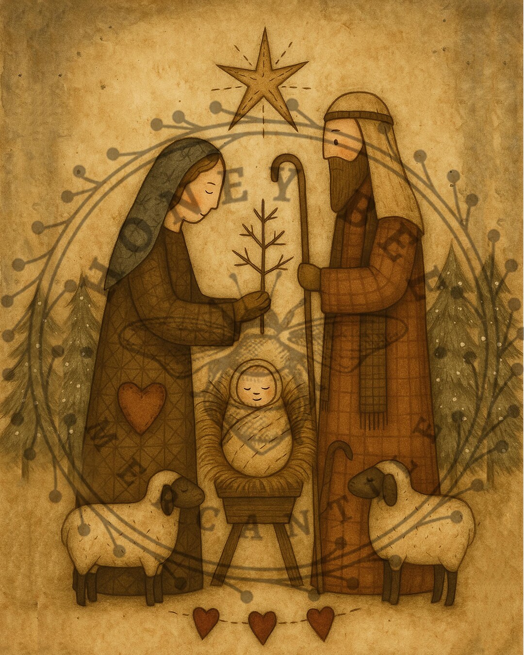 Vintage Nativity Scene Print: Primitive Christmas Folk Art (digital ...