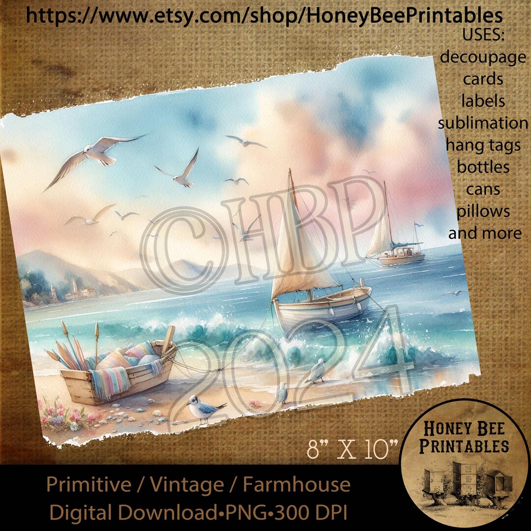 Vintage Digital Download Printable Decoupage, Coastal, Beach, Sail ...