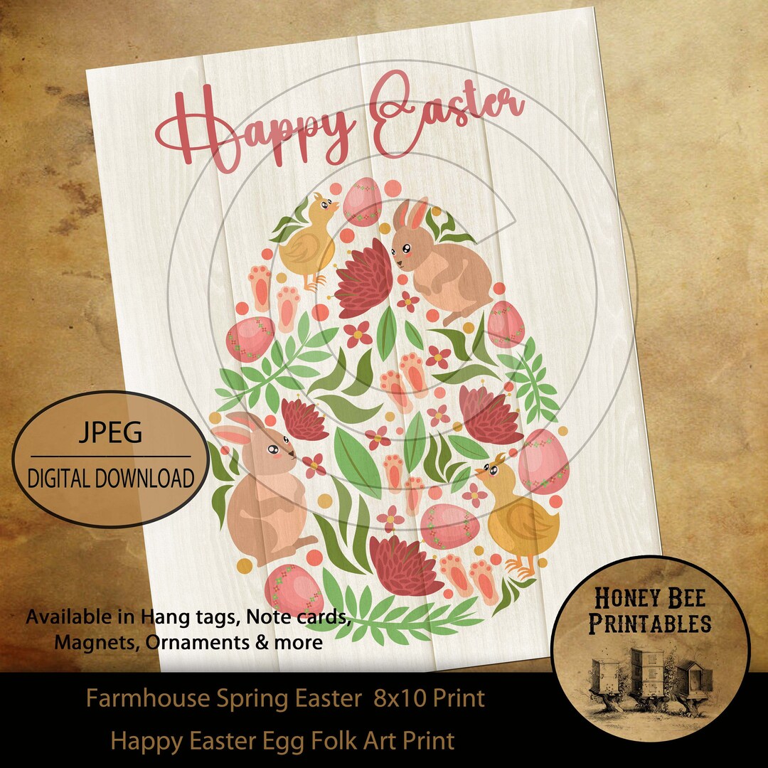 Farmhouse Spring Easter Egg Folk Art Shiplap Print Digital Instant ...