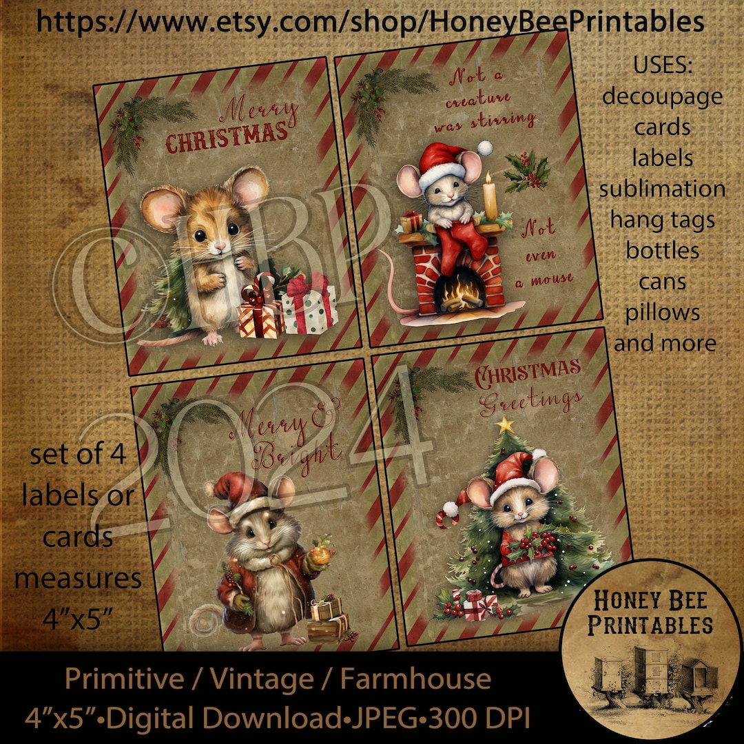 Vintage Primitive Instant Download Printable Decoupage, Set /4 Cards ...