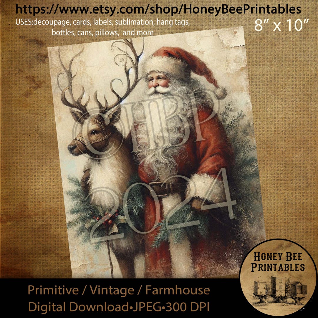 Vintage Santa & Reindeer Print: Farmhouse Christmas Decor (digital ...