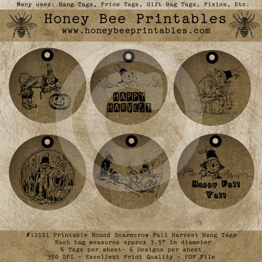 Printable Halloween Fall Autumn Harvest Scarecrow Hang Tags / Digital ...